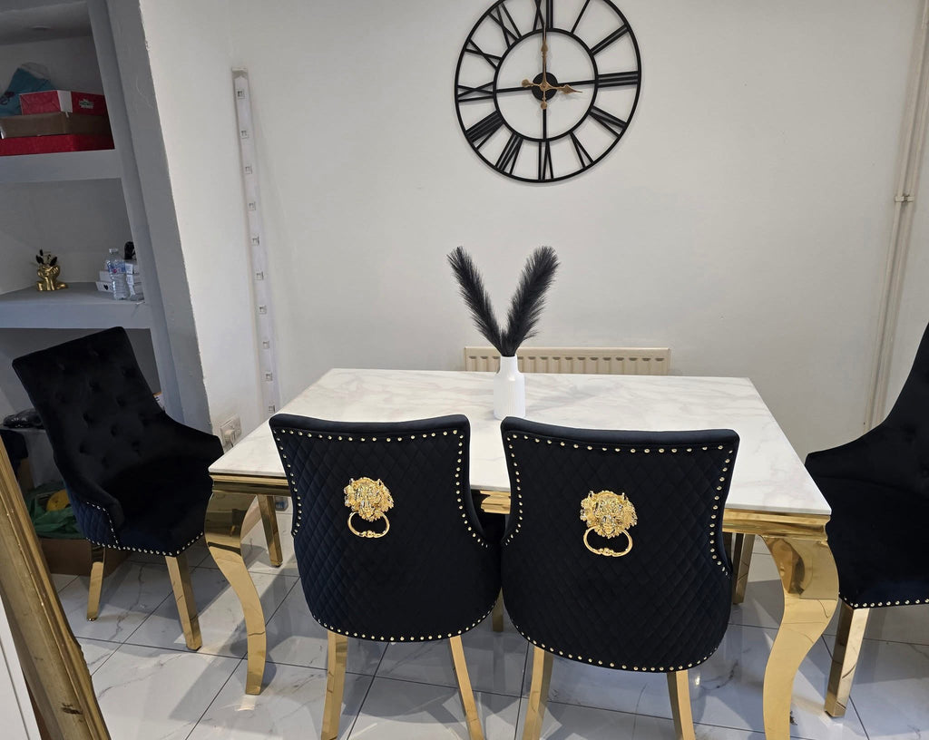 Vienna White Marble Dining Table With Bentley Gold Chairs – JMD Furnishings