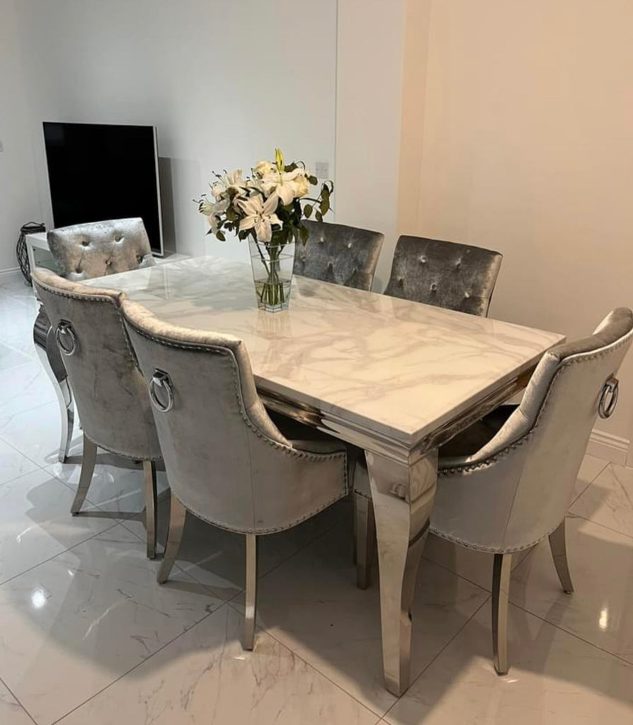 Vienna White Marble Top Dining Set With Cheshire Knocker Velvet Chairs ...