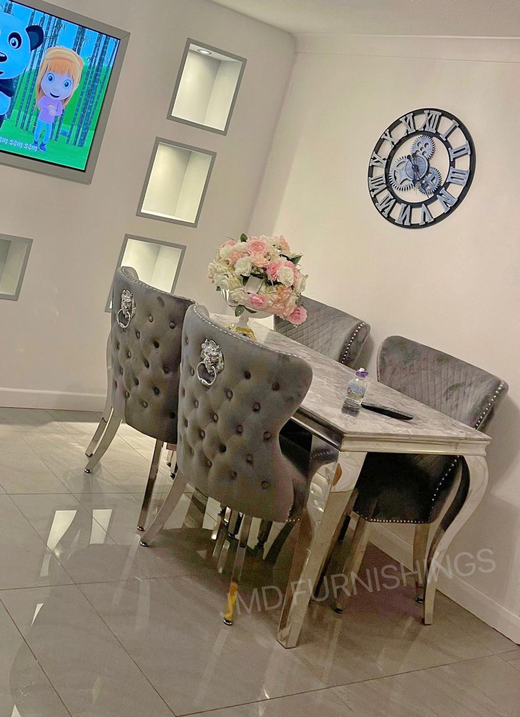 Vienna Marble Dining Table With Lewis Lion Knocker Chairs – JMD Furnishings